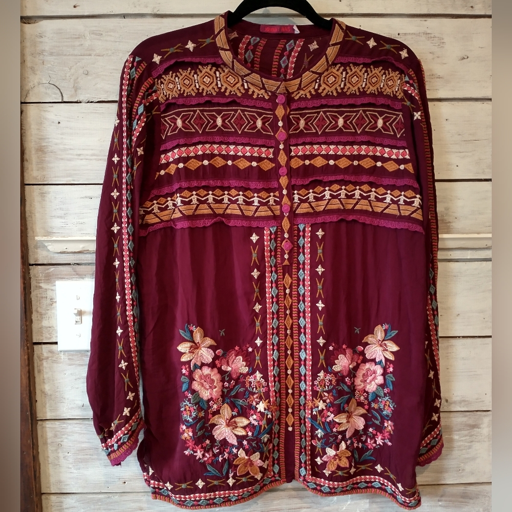 Johnny Was Burgundy Gold Floral Embroidery Long Sleev… - Gem